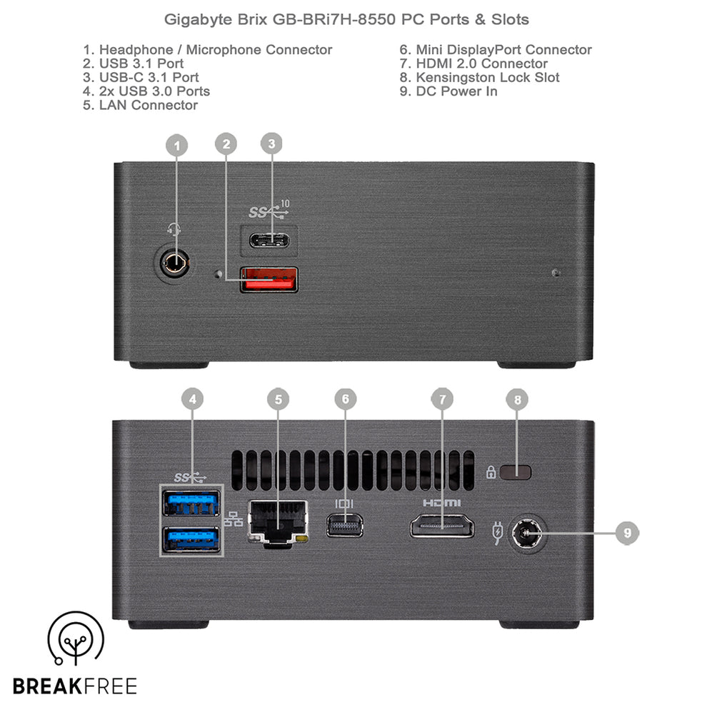 GIGABYTE Brix GB-BRi7H-8550 PC i7 8550U 32GB RAM 500GB SSD WiFi BT ...